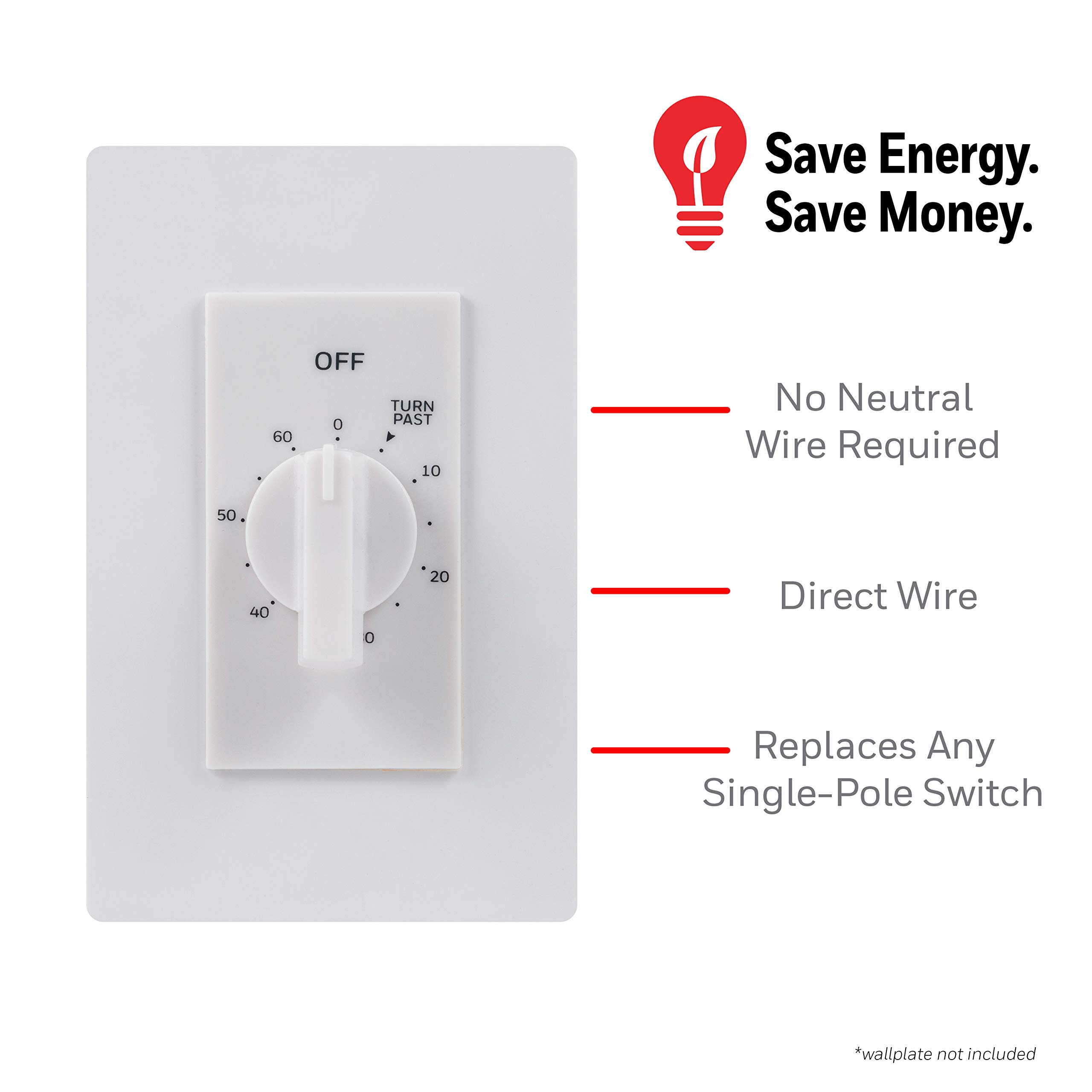 UltraPro 60-Minute Countdown in-Wall Timer, Mechanical Switch, Spring Wound, No Neutral Wire Needed, Single-Pole, Ideal for Lights, Exhaust Fans, Heaters, Pumps, White, 2 Pack, 47977