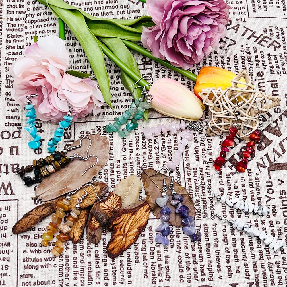 WAINIS 8 Pairs Natural Tumbled Stone Dangle Earrings for Women Colorful Crystal Dangle Drop Hook Earrings Chakra Healing Gemstone Chip Earrings Set