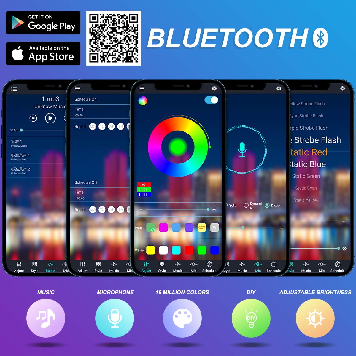 ZHT Bluetooth LED Strip Lights 32.8ft/10M App Control, Sync with Music RGB Color Changing Strip Light for Bedroom Ceiling Kitchen & TV, Rope Light 300pcs Led Waterproof IPX65, Safety Use.