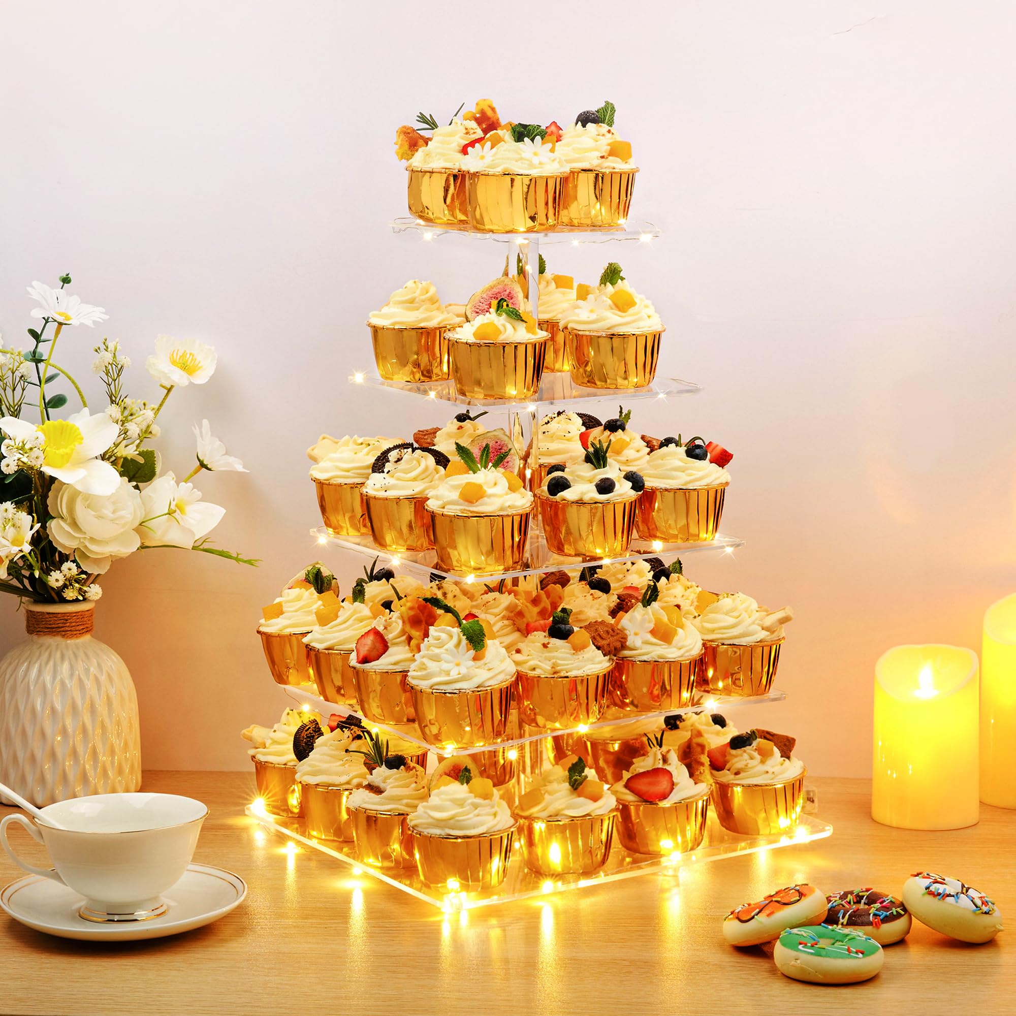 upsimples 5 Tier Acrylic Cupcake Stand, Dessert Tower for 56 Cupcakes, Square Cupcake Display Stand with Yellow LED Light for Birthday, Baby Shower, Tea Party and Wedding Décor