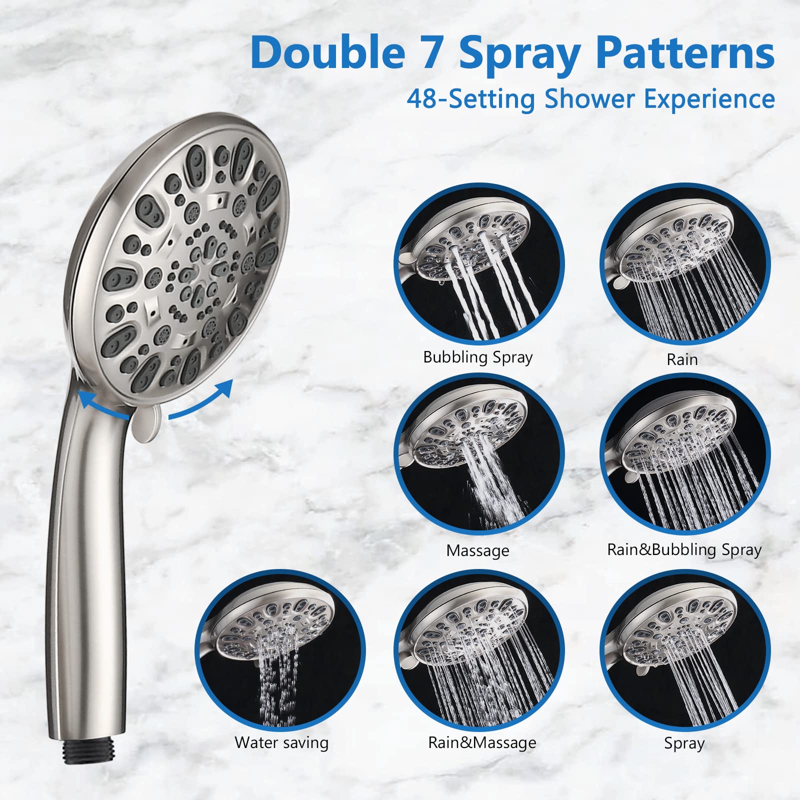 UCLIMAA High Pressure 48-Settings Shower Head with Handheld Shower,Drill-Free 3-Way Diverter for Easy Reach,Adjustable Height Slide Bar Dual Shower Head Combo Set - Brushed Nickel