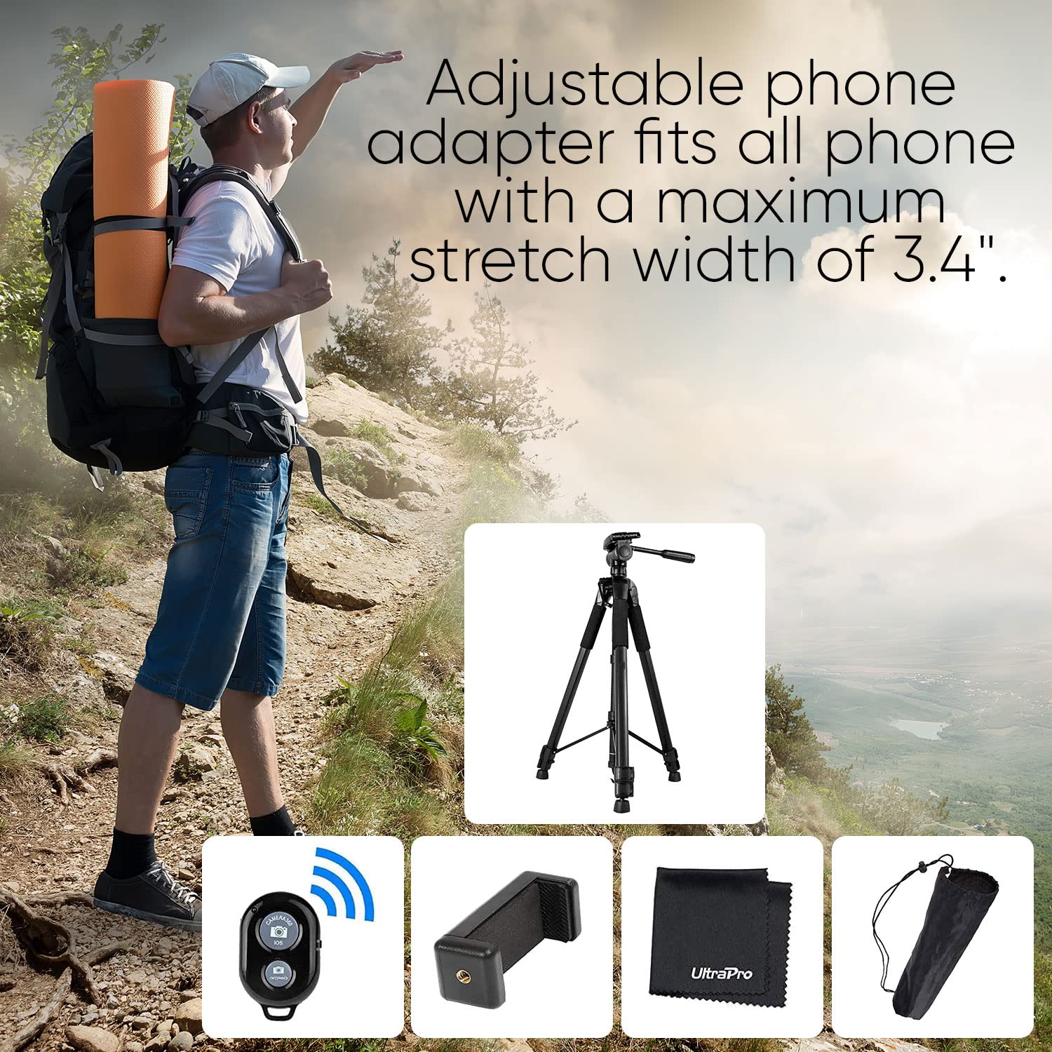 UltraPro 72" Inch Black Camera Tripod with Universal Smartphone Mount + Remote Control Compatible with iPhone/Android Cell Phone, Includes UltraPro Microfiber Cleaning Cloth