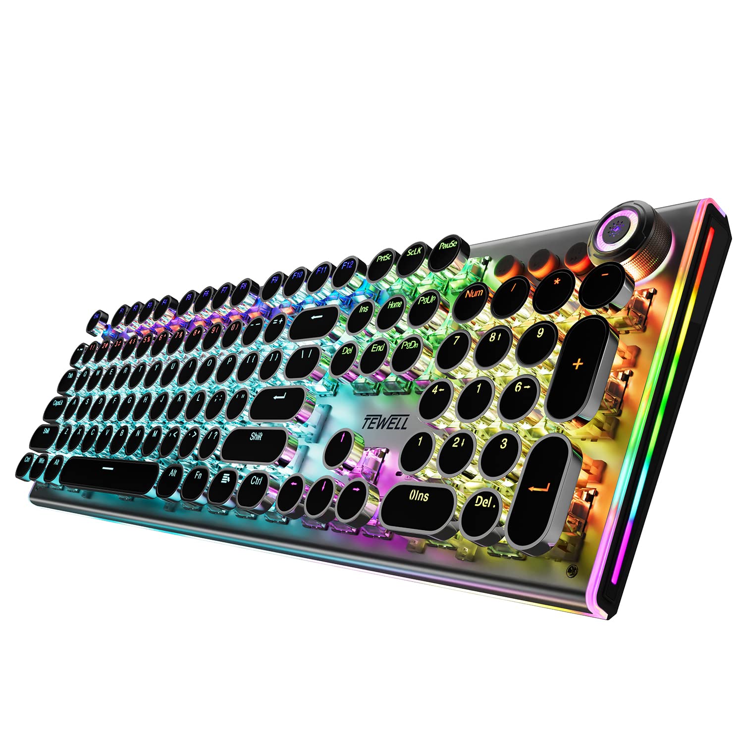 TEWELL Retro Typewriter Mechanical Gaming Keyboard with Tactile and Clicky Blue Switches, Rainbow Backlit with RGB Side Lights - Ultimate Gaming Performance