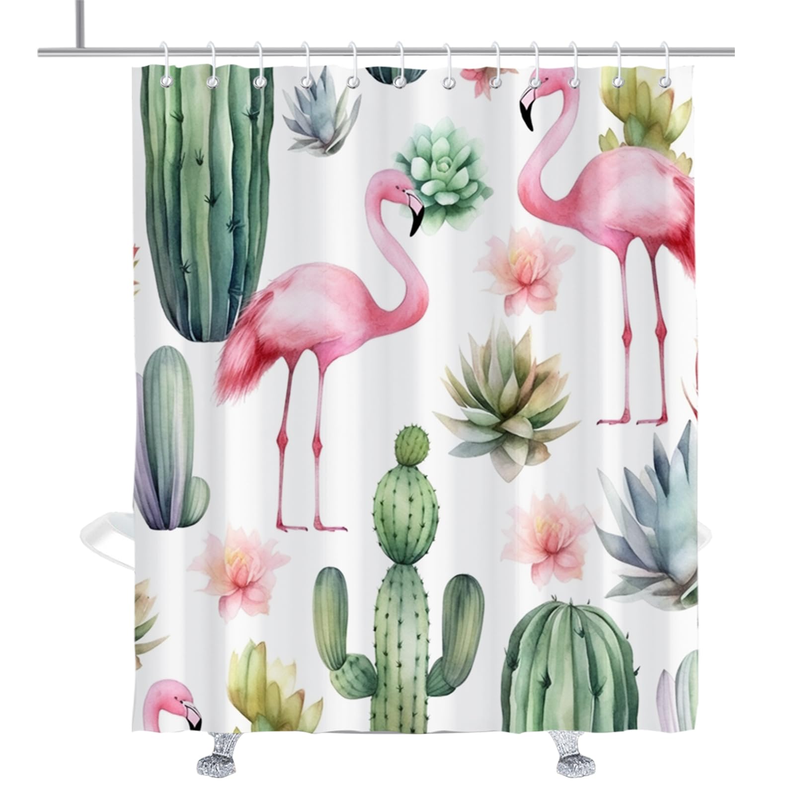 TheBlackSpot Cactus and Pink Flamingo Shower Curtain Sets Tropical Plant Succulent Flower Bath Curtains Christmas Decor Sets Grommet with Hooks 72W × 72H inches
