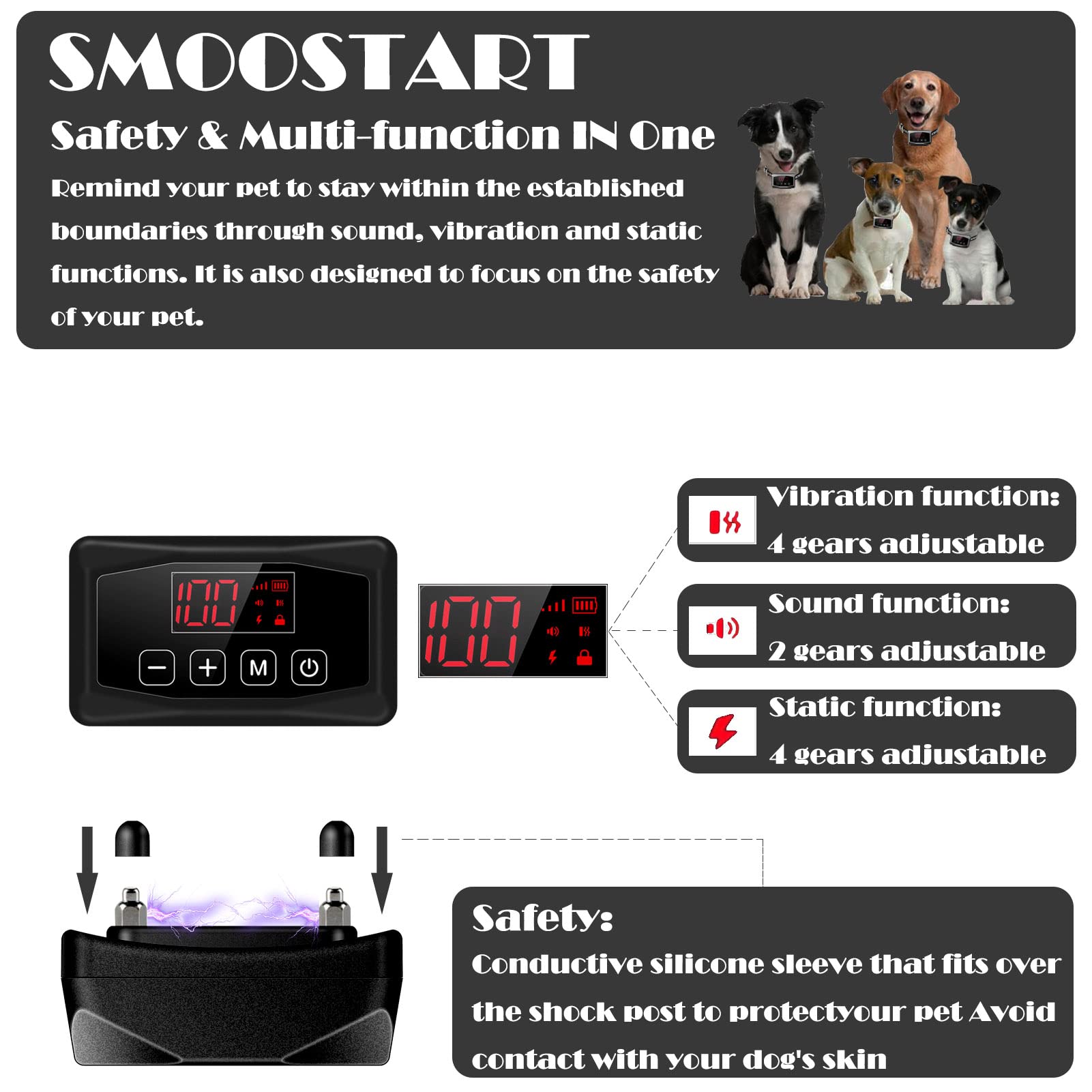 Smoostart GPS Wireless Dog Fence, Dog Boundary Collar System Electric Dog Fence with GPS, Range 100-3280 ft Pet Containment System Multi-Function in 1 Suitable for All Dogs