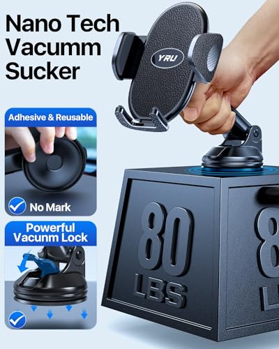 YRU [2024 Upgraded] Universal Car Phone Holder Mount【 360° Rotatable &Strong Suction】 Cell Phone Holder for Car Dashboard Windshield Phone Holder Dash Stand for iPhone 15 14 13 Samsung Truck, Black