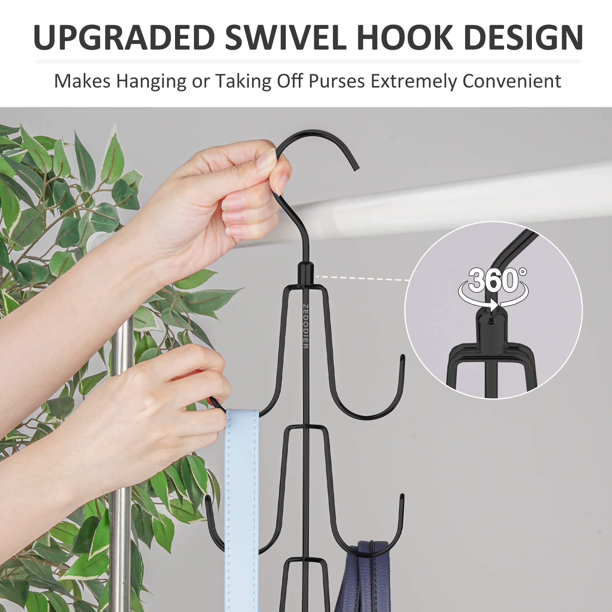 ZEDODIER Purse Hanger Organizer for Closet, 2 Pack Rotatable Hanging Bag Holder, Keeping Purses Visible and in Good Condition, Metal Handbag Storage Hook Backpack Rack Space Saving Hanger, Black
