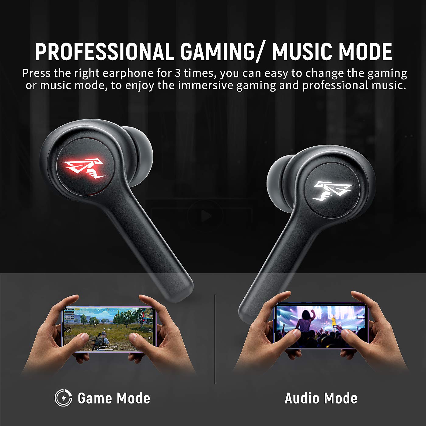 SOMIC Bluetooth 5.0 Wireless Earbuds with Charging Case, LED Light, Touch Control, 18H+ Playing Time, Immersive Sound Wireless Headphones in Ear Built in Mic Headset for Game/Video Mode GX501 Black
