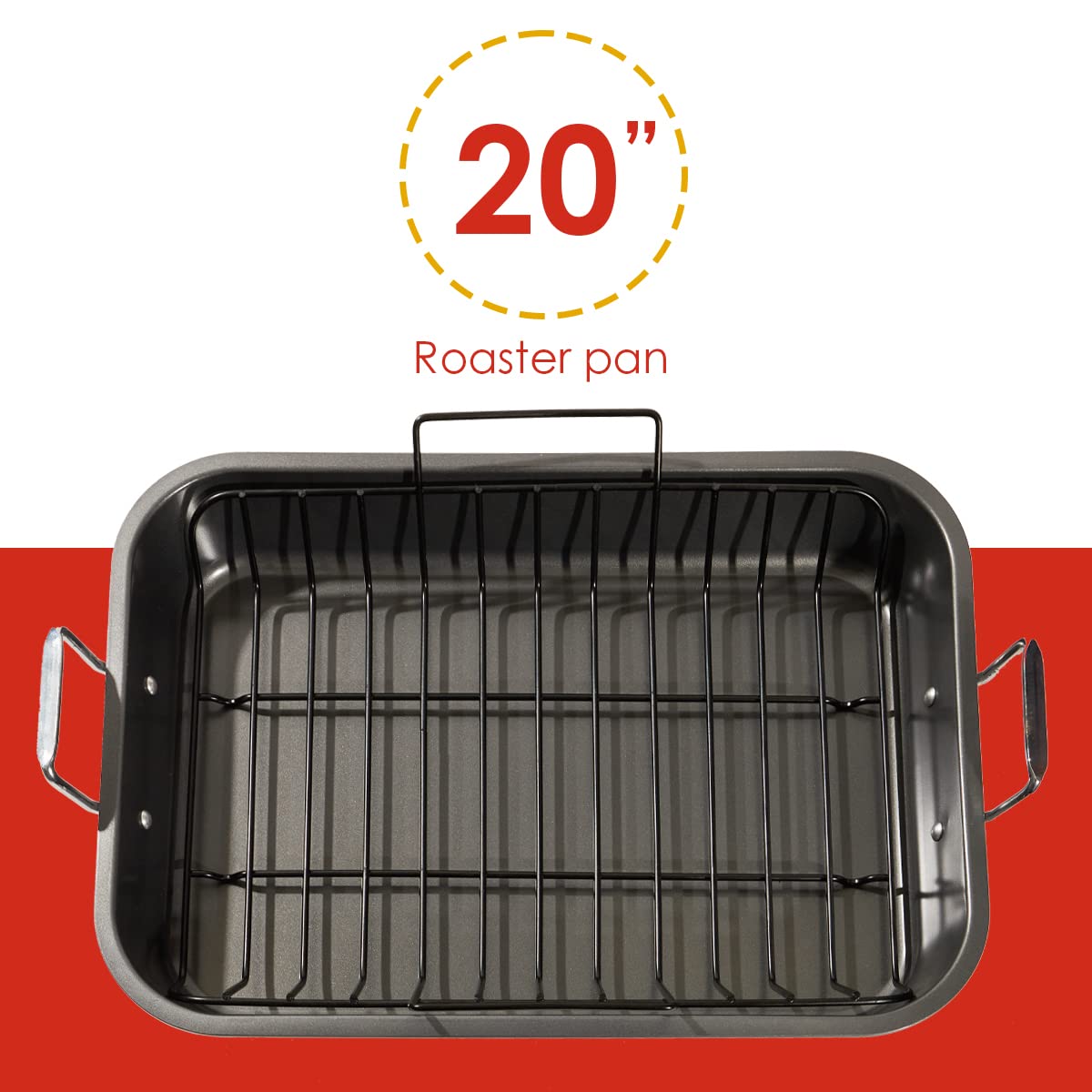 Turkey Roasting Pan With Rack (Grey/Black), By Home Basics | Carbon Steel Non-Stick Pan With Handles | 20" Roaster Great For Ham, Roast Beef, and Prime Rib, Gray, 22"x14.25"