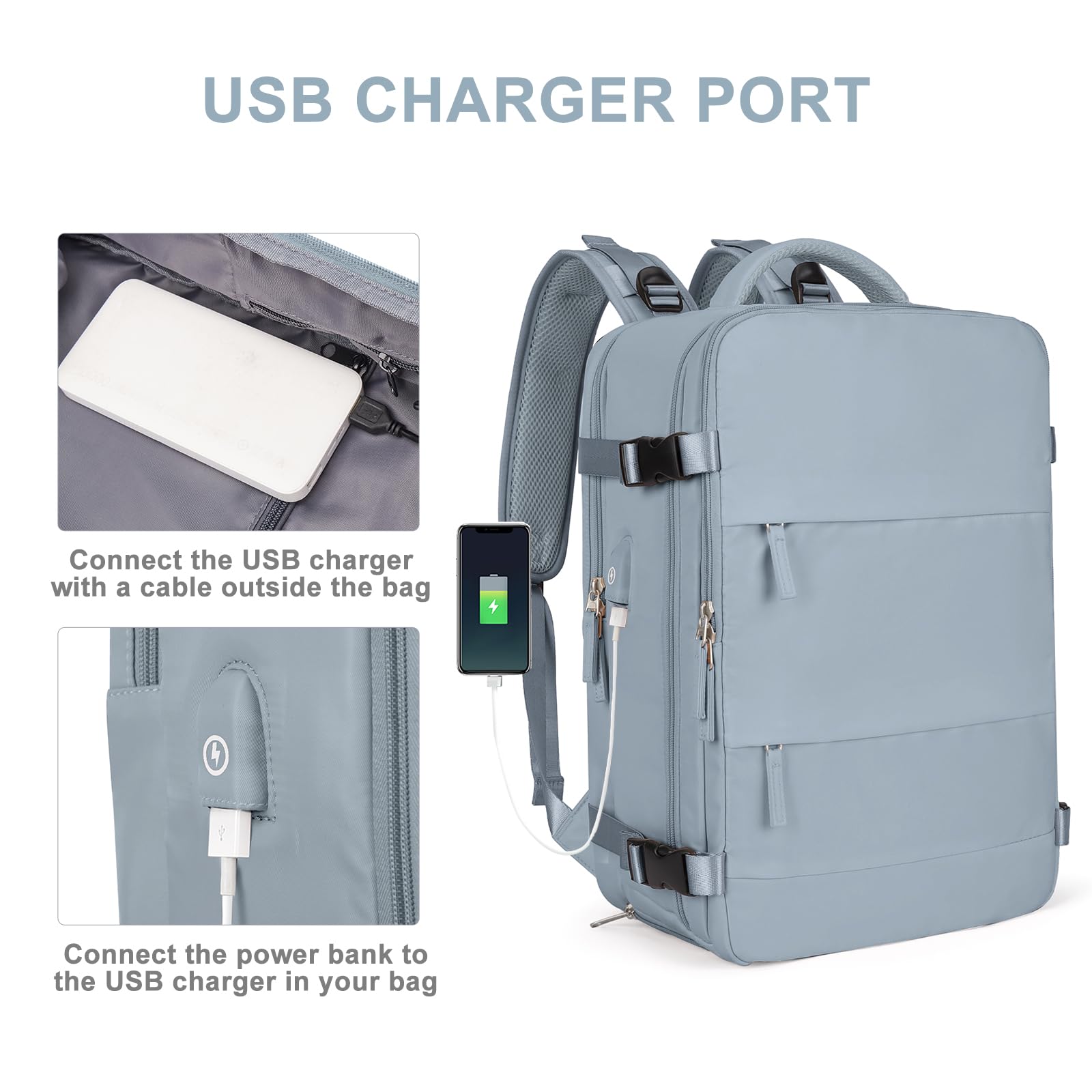 UPPACK Travel Backpack For Women Men Carry On Backpack Flight Approved Gym Bag With Shoe Compartment Hiking Waterproof Laptop Backpack College Essentials Grey Blue