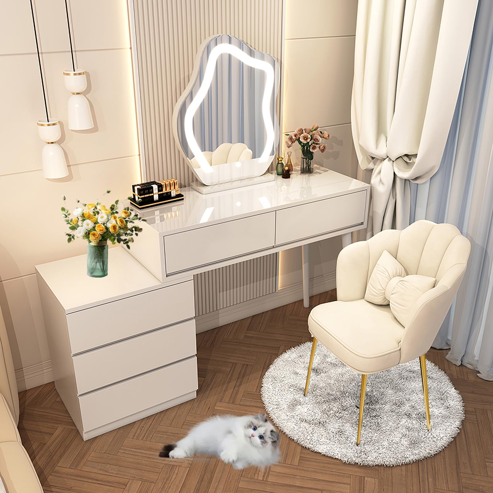 Saefhge Vanity Desk with Mirror and Lights,Modern Vanity Set with Movable Cabinet,Large Capacity Drawers and Petal Chair for Bedroom (39inch)