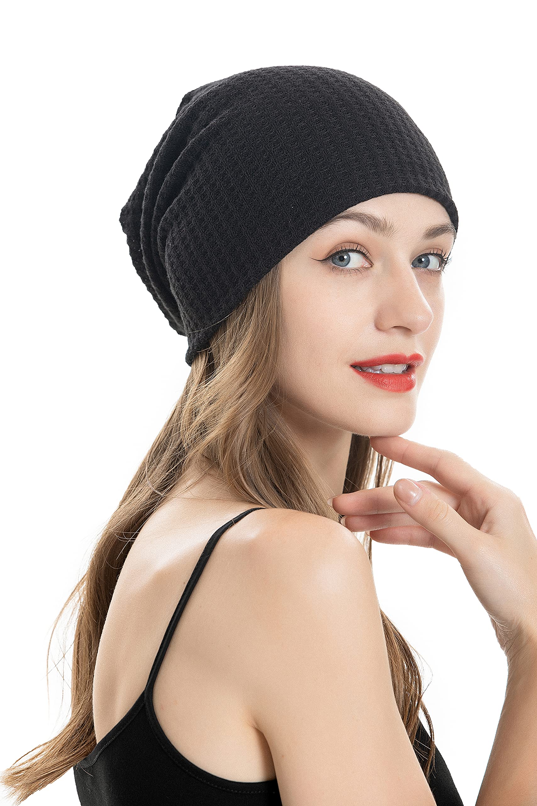 ZLYC Women Fashion Knit Slouchy Beanie Hat Thin Stretch Skull Caps (Solid Black)