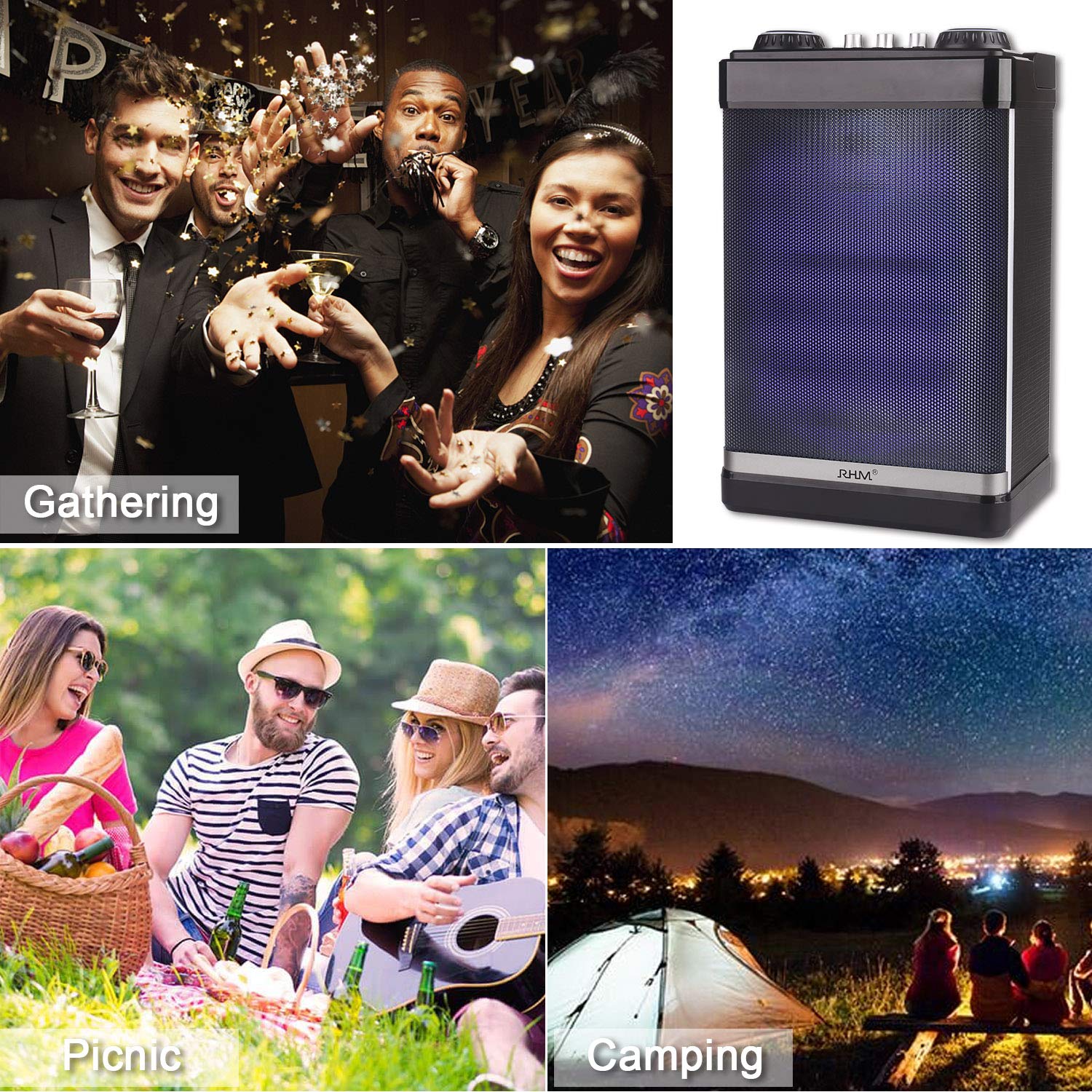 RHM K112 Karaoke Machine with 6 Color Change, Portable Bluetooth Speaker with Microphone, LED Lights & Rechargeable Battery, Support Bluetooth/AUX/USB/SD/FM Radio for Home, Party, Picnic