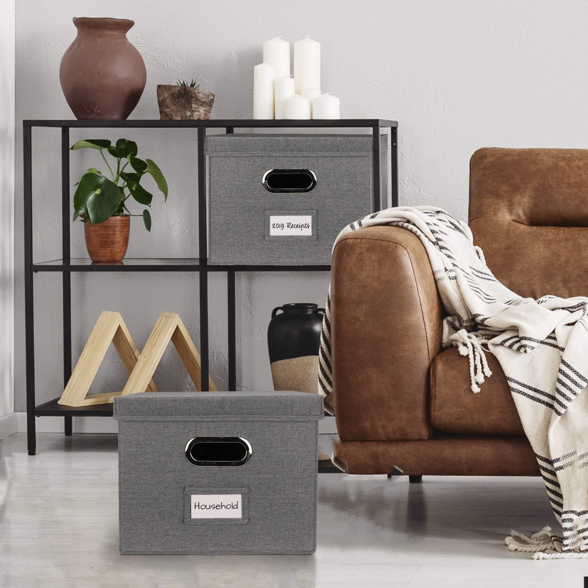 ZICOTO Decorative File Organizer Box Set of 2 - Collapsible Linen Filing Cabinets for Space Saving File Folder Storage - Easy Slide File Crates Store Your Hanging Files In Style