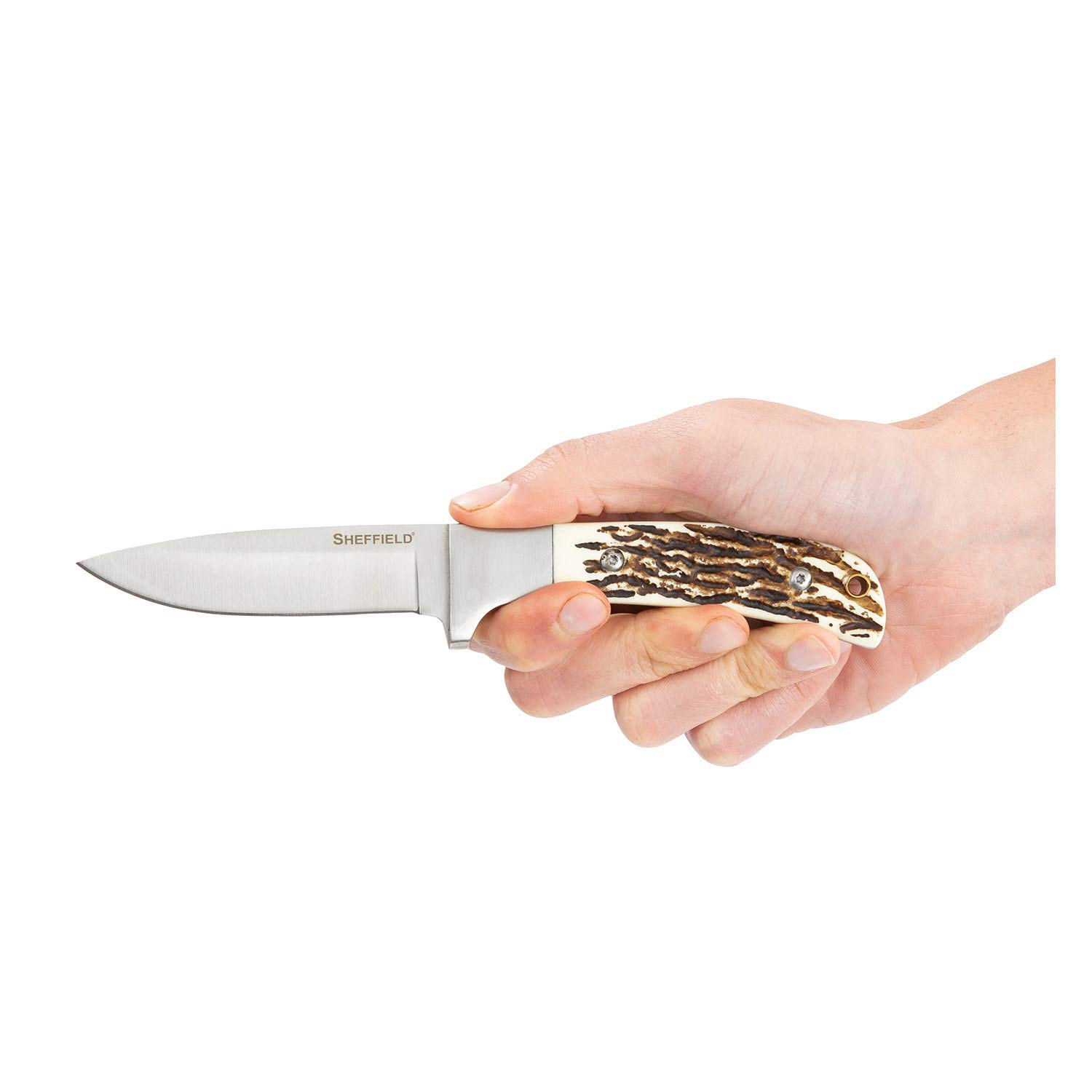 Sheffield 12190 Herod 3.75 Inch Fixed Blade Hunting Knife, 4.5 Inch Injection Stag Handle, 420 SS Drop Point Blade, Full Tang Survival Knife