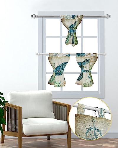 Tab Top Curtain Valance and Tiers Set,Underwater World Turtle Starfish Compass Light Filtering Kitchen Curtains Valances,Ocean Creature Seagrass Nautical Cafe Window Treatment Drapes for Bedroom
