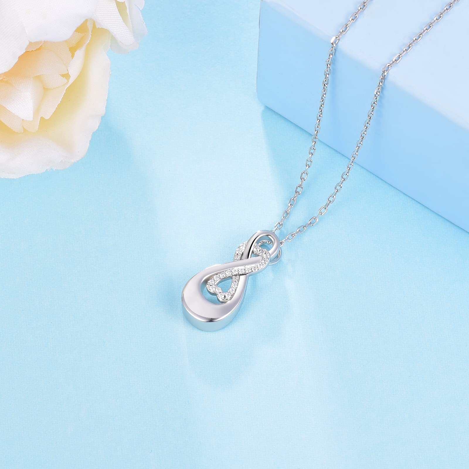 ZGBY S925 Sterling Silver Necklace for Ashes Infinity Urn Necklaces Teardrop Cremation Jewelry for Ashes Keepsake Memorial Pendant for Women Men Loved Ones (White)