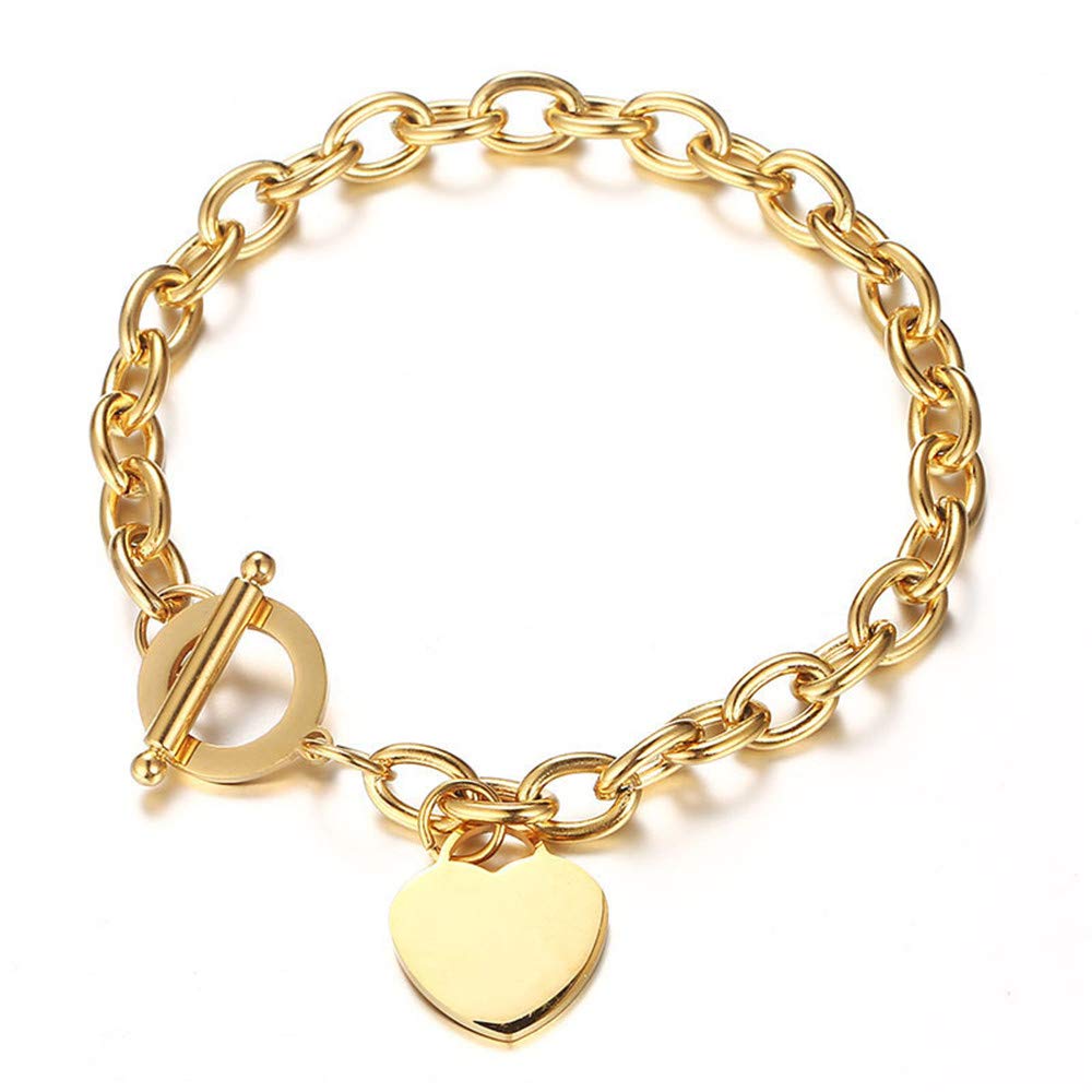 WangGao Elegent Love Stainless Steel Link Chain Blank Heart Charms Bracelet for Women Fits 6.27-7.24'' Wrist Toggle Clasp Closure Gold