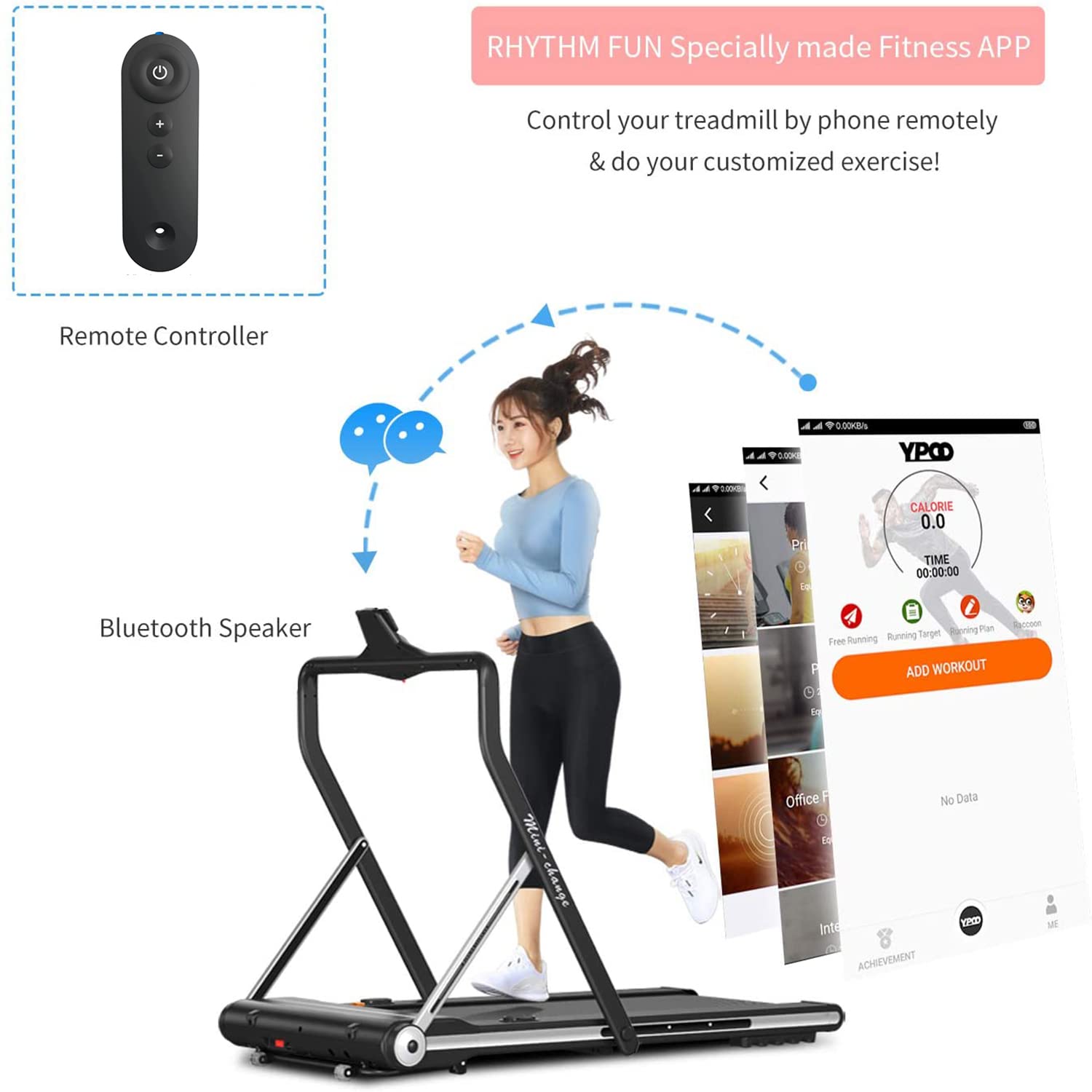 RHYTHM FUN Treadmill Folding Running Treadmill Under Desk Walking Pad Treadmill with Foldable Handtrail Wide Tread Belt Super Slim Mini Quiet Home Treadmill with Smart Remote Control and Workout App