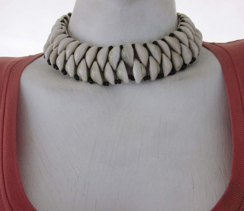 Unique Collar Choker Bib Egyptian African Beaded Natural Cowrie shells on Geman Silver Wire embellished with black glass beads | Boho Gypsy Cleopatra Afghan Kuchi Tribal Belly Dance Necklace Earrings