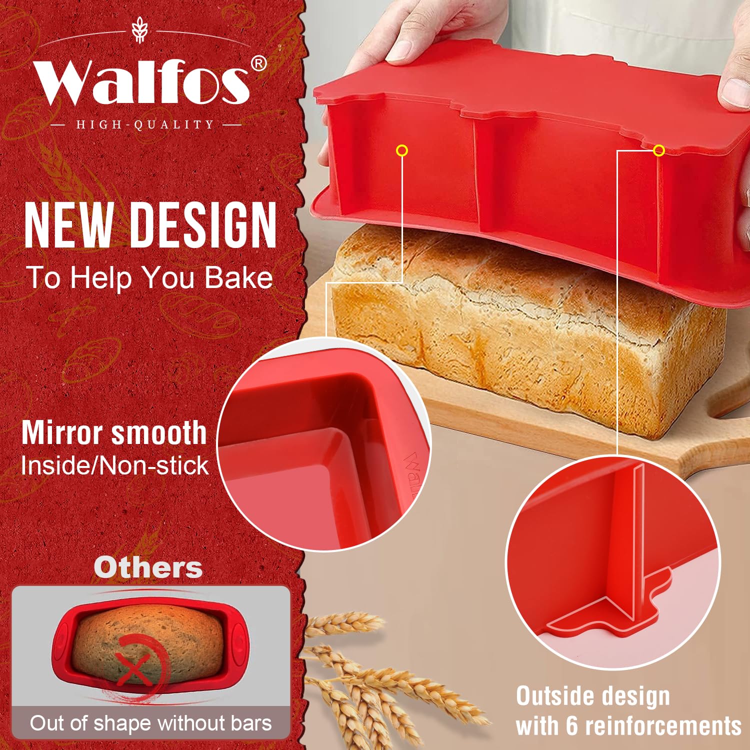 Walfos Silicone Bread Loaf Pan,9 x 5 inch Non-Stick Silicone Loaf Pans For Baking Set of 2,Perfect For Bread, Cake, Meatloaf, BPA Free and Dishwasher Safe