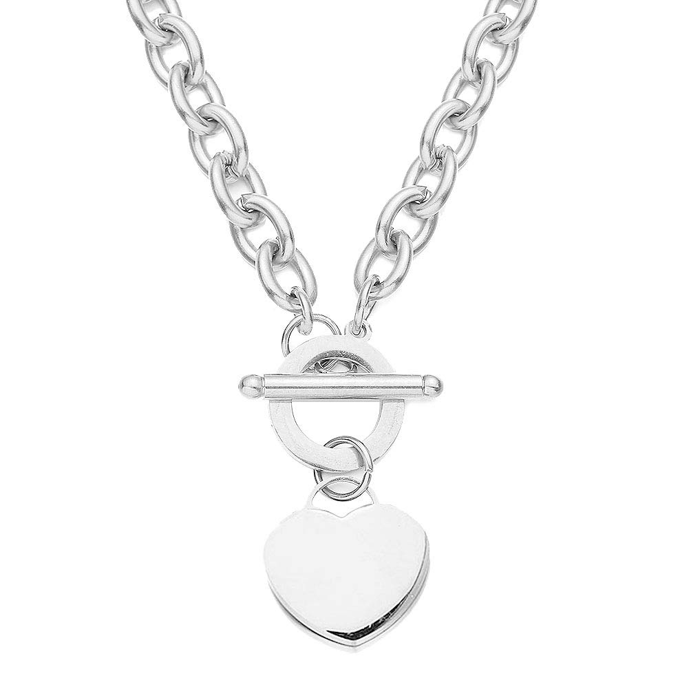 WangGao Elegent Love Stainless Steel Link Chain Blank Heart Charms Necklace for Women Toggle Clasp Closure,Silverā¦