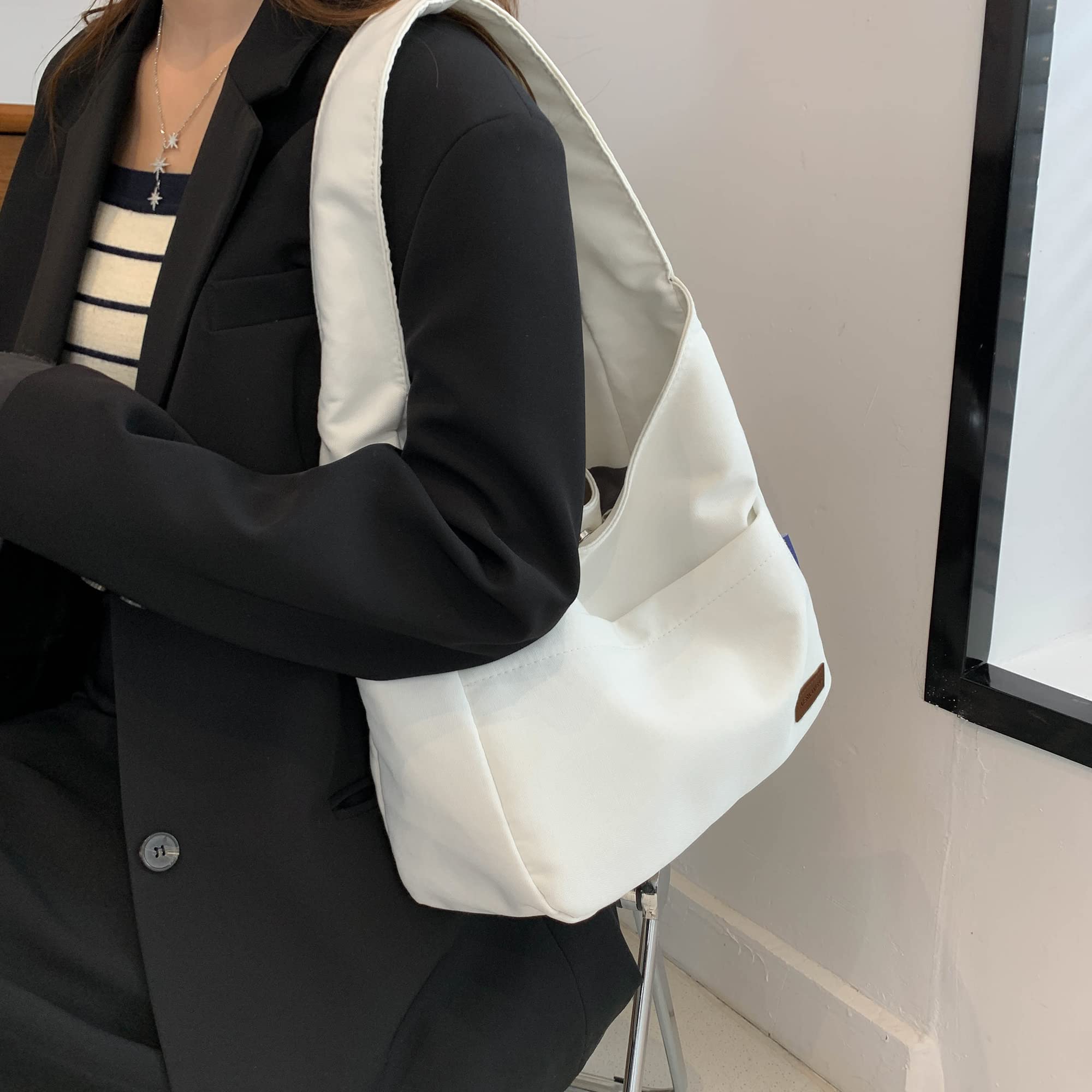Women Nylon Tote Bag Large Hobo Handbag Casual Shoulder Bag with Pockets for Travel Work Shopping (White)