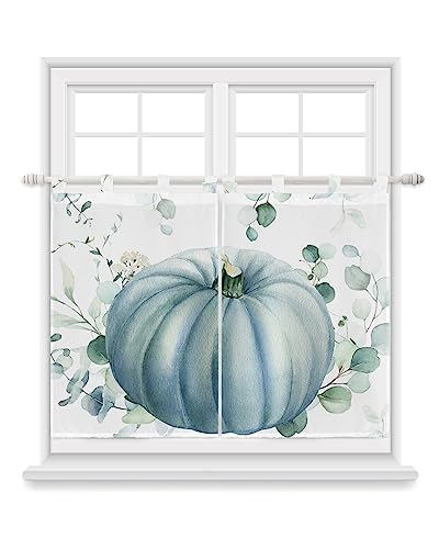 Tab Top Window Curtain,Fall Thanksgiving Blue Pumpkin Eucalyptus Leaves Tier Curtains Panels Kitchen Valance 2 Drapes,Farm Plant White Light Filtering Window Treatment for Bathroom Bedroom Cafe