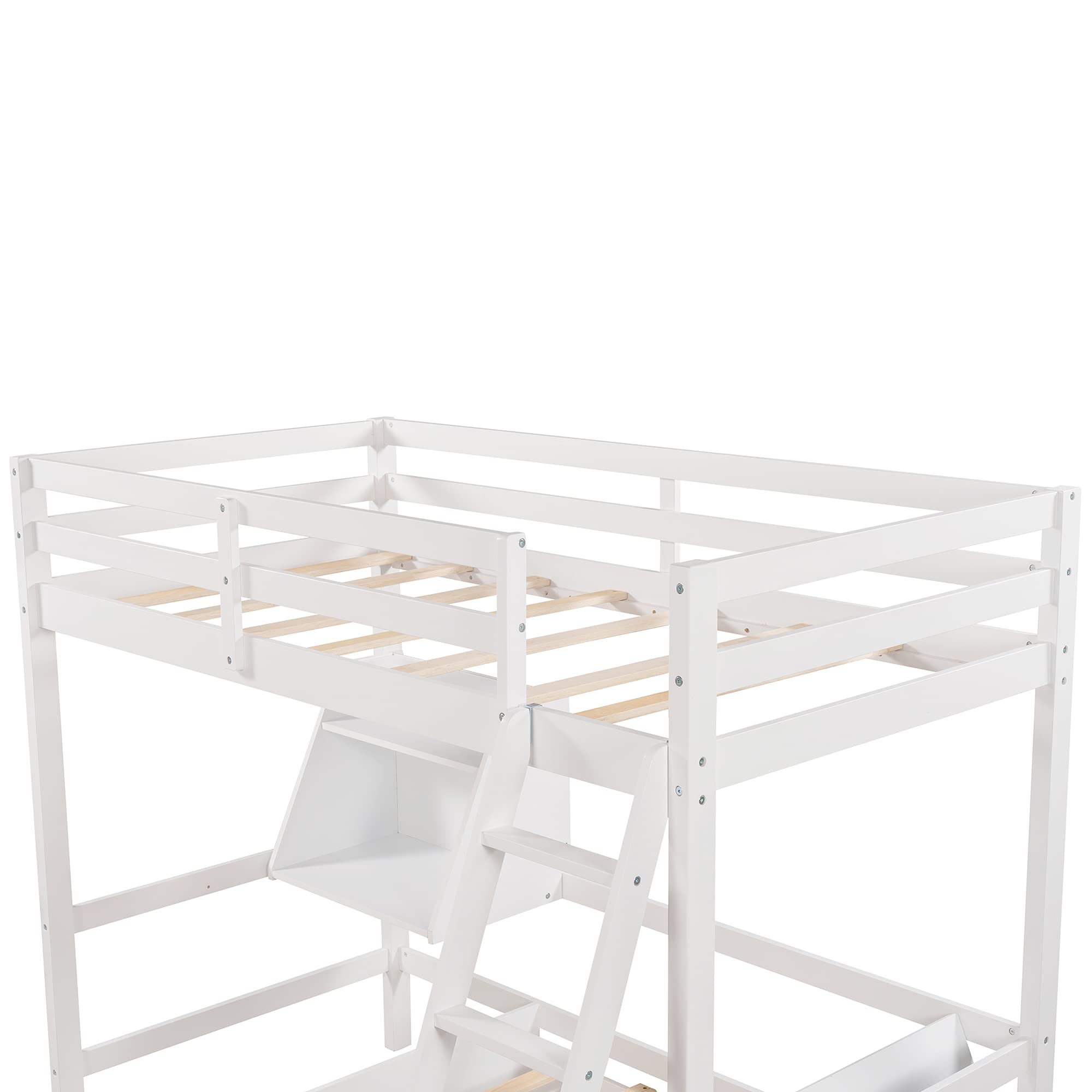 Twin Loft Bed with Storage Shelf Wood Loft Bed Frame with Convertible Lower Bed, Twin Size Loft Bed with Drawer and Ladder, Separated Loft Bed & Twin Platform Bed for Kids Teens Adults (White)