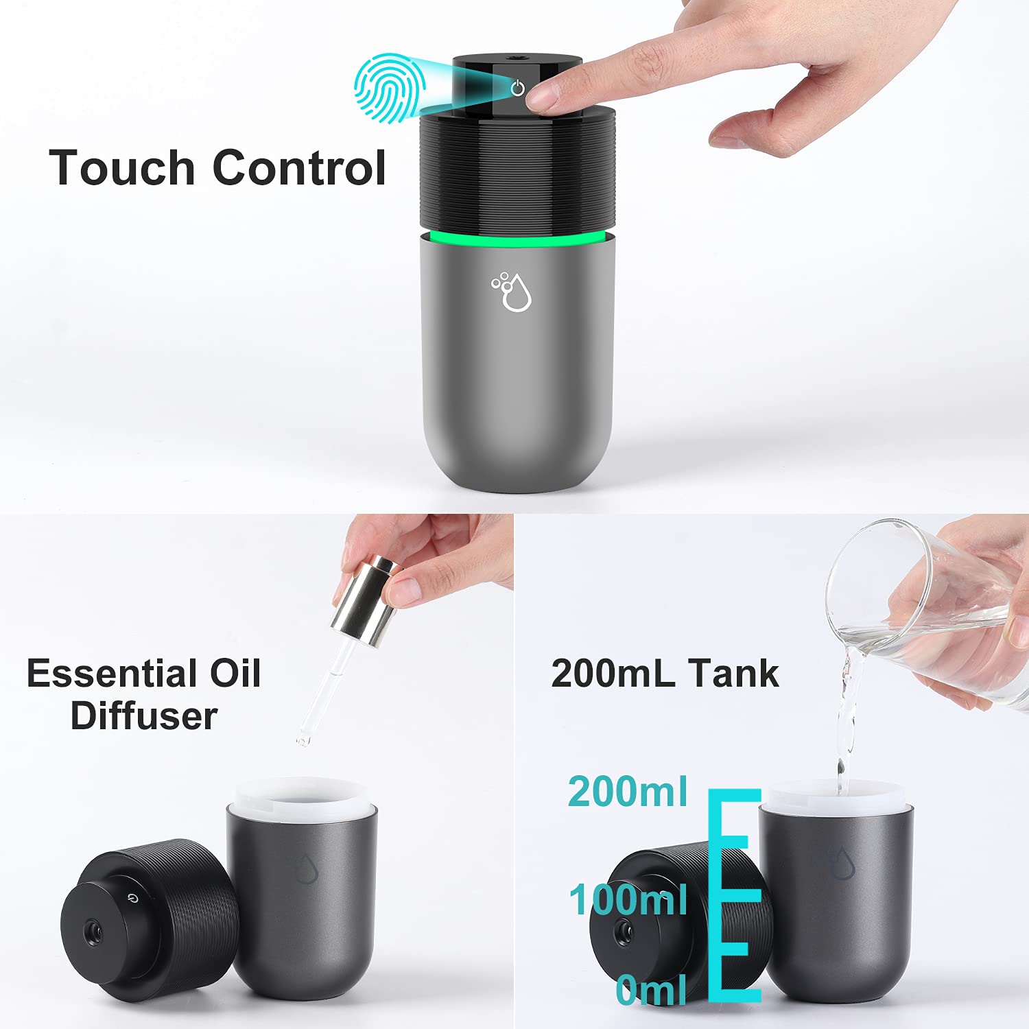 Vyaime Car Diffuser Car Humidifier, USB Essential Oil Diffusers 7 Colors LED Lights 200mL Big Capacity Aromatherapy Diffuser(Black-Grey)
