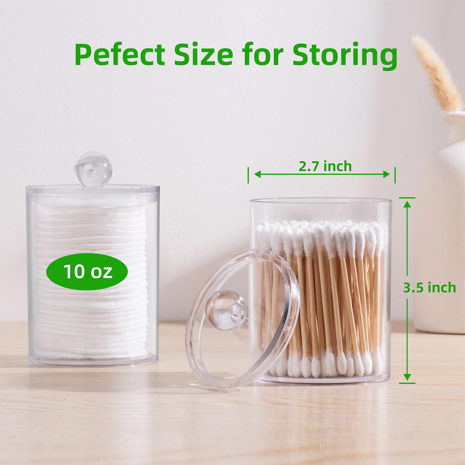 XIPENGKEJI 4 Pack Qtip Holder, Apothecary Jars Cotton Ball Holder Dispenser, Bathroom Jars with Lids Set for Cotton Round, Cotton Swab, 10oz Plastic Canisters Restroom Bedroom Vanity Organizer (Clear)