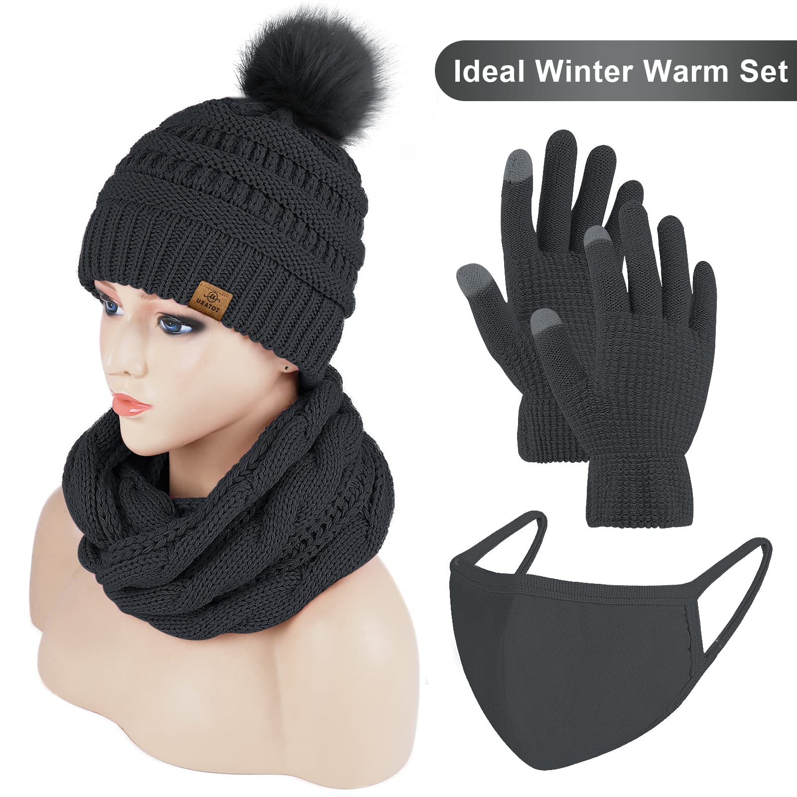 URATOT Winter Warm Knitted Sets Beanie Pompom Hat Scarves Winter Touchscreen Gloves Scarf Set for Men Women