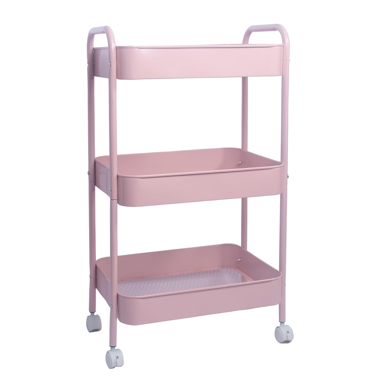 XIUSHE 3-Tier Metal Utility Cart Rolling Storage Organizer, Pink, Indoor Use