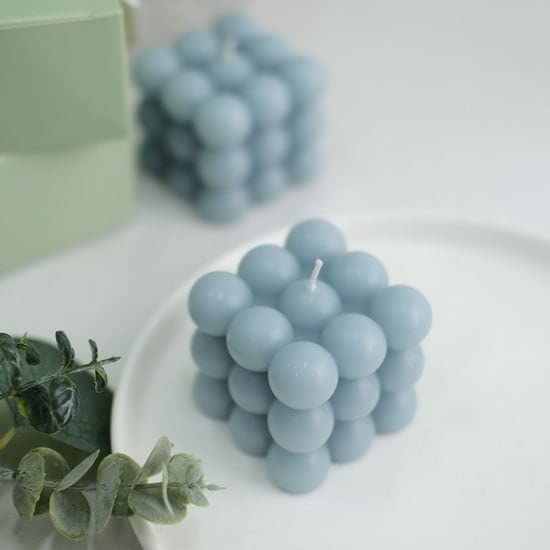TABLECLOTHSFACTORY 2 Pack | Dusty Blue 2" Bubble Cube Paraffin Wax Candles, Unscented Square Pillar Candle, Party Favor Gift