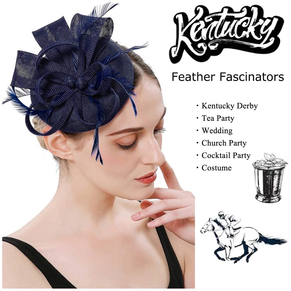 Sinamay Feather Fascinators Womens Pillbox Flower Derby Hat for Cocktail Ball Wedding Church Tea Party Navy Blue