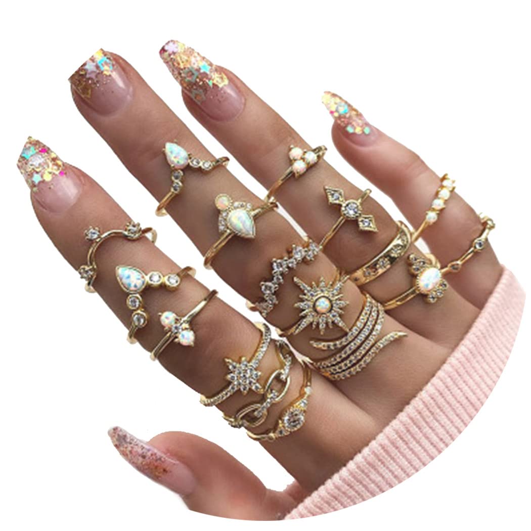 TWINKLEDE Boho Stackable Rings 17Pcs Rhinestone Finger Rings Gold Crystal Joint Knuckle Rings for Women