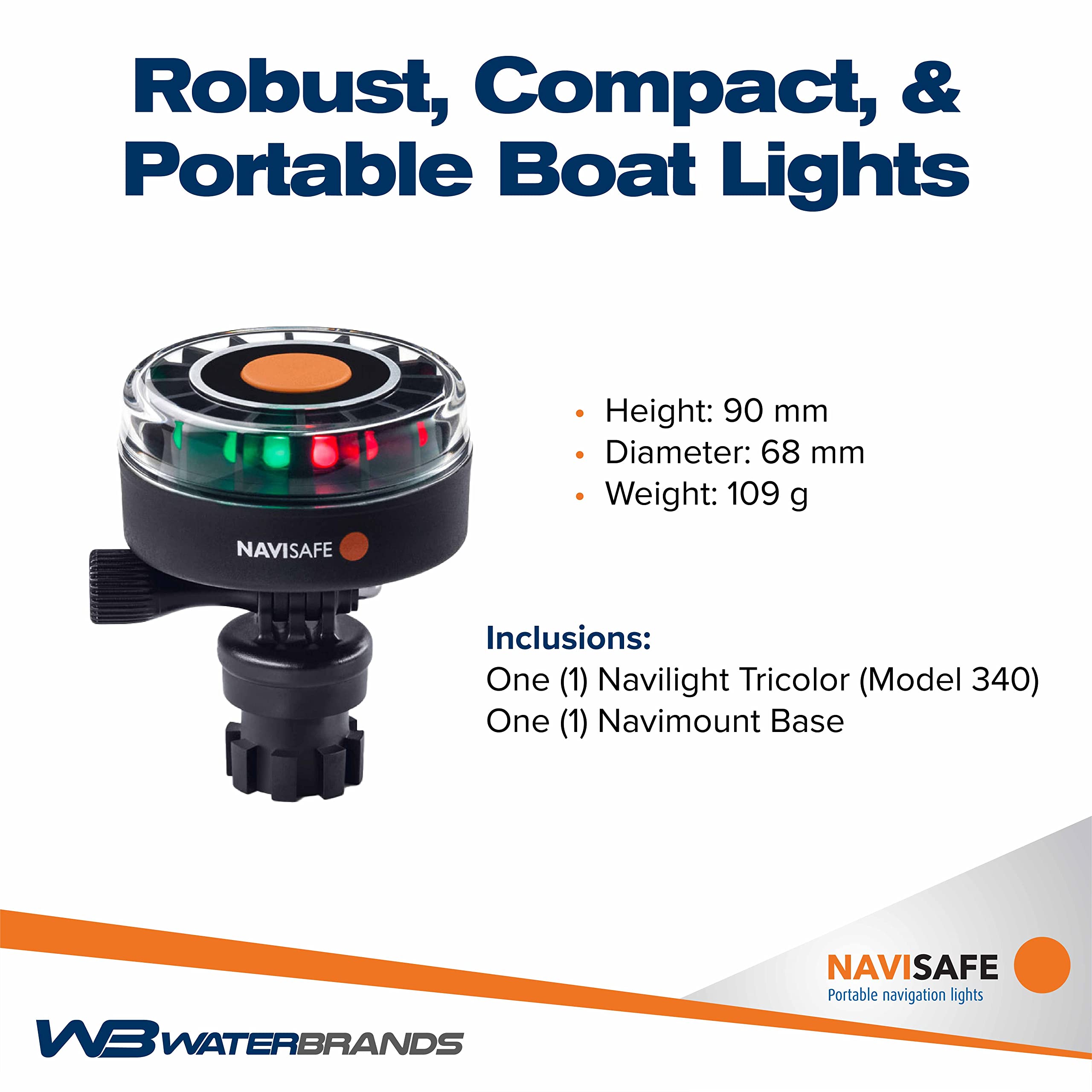 waterbrands NAVISAFE Navilight 360° | 2NM Portable Navigation Lights | Boat Lights | 5 LED Navigation Lights Modes | with Navimount Base (All-White)