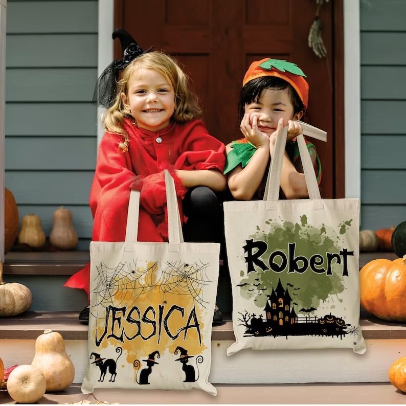 Zocoshi Personalized Halloween Tote Bag Customized Pumpkin Witch Black Cat Castle Skeleton Ghost Canvas Tote Bag for Trick or Treat Goodie gift Bags