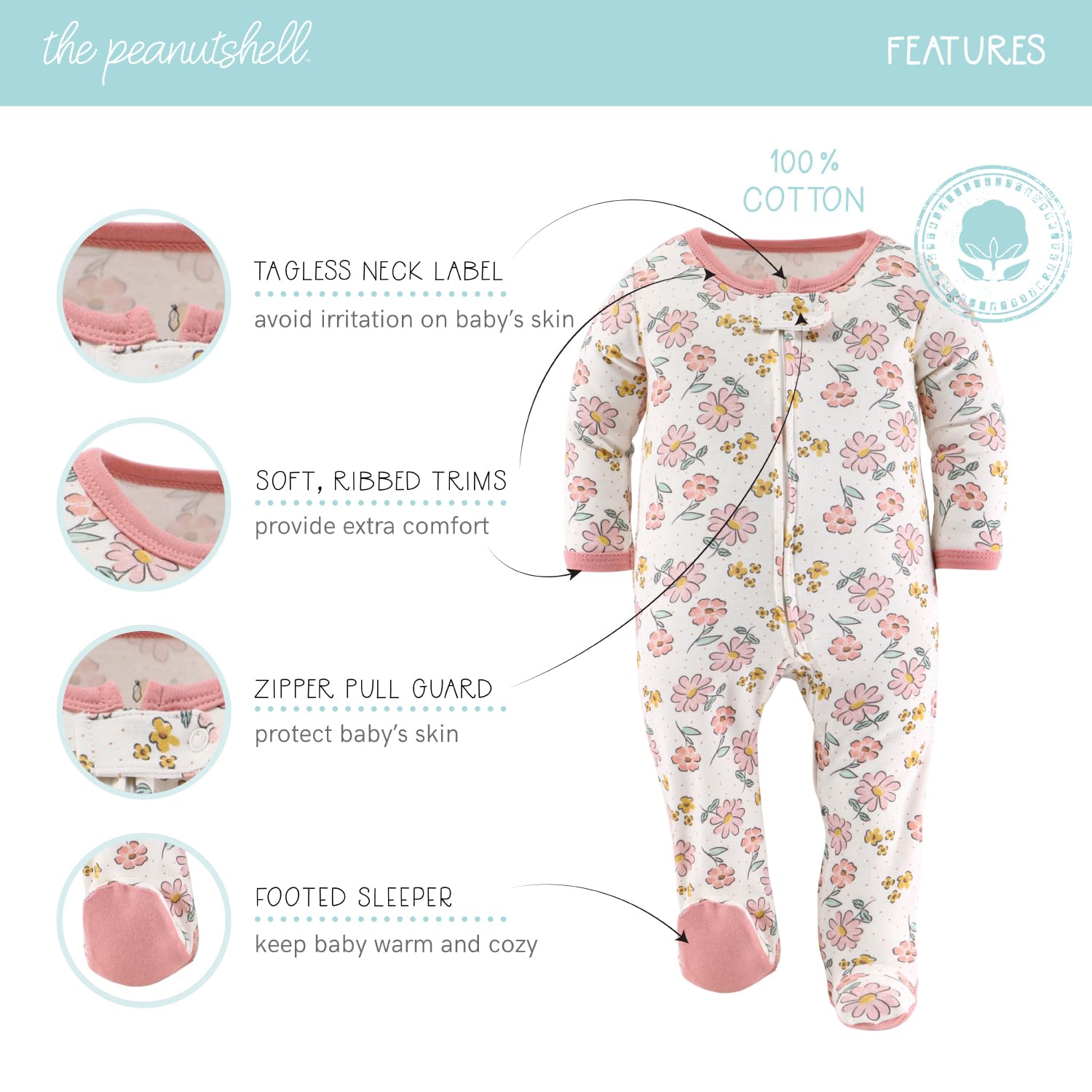 The Peanutshell Footed Pajamas Sleepers for Baby Girls, Sleep and Play Footies, 3 Pack (6-9 Months) Pink