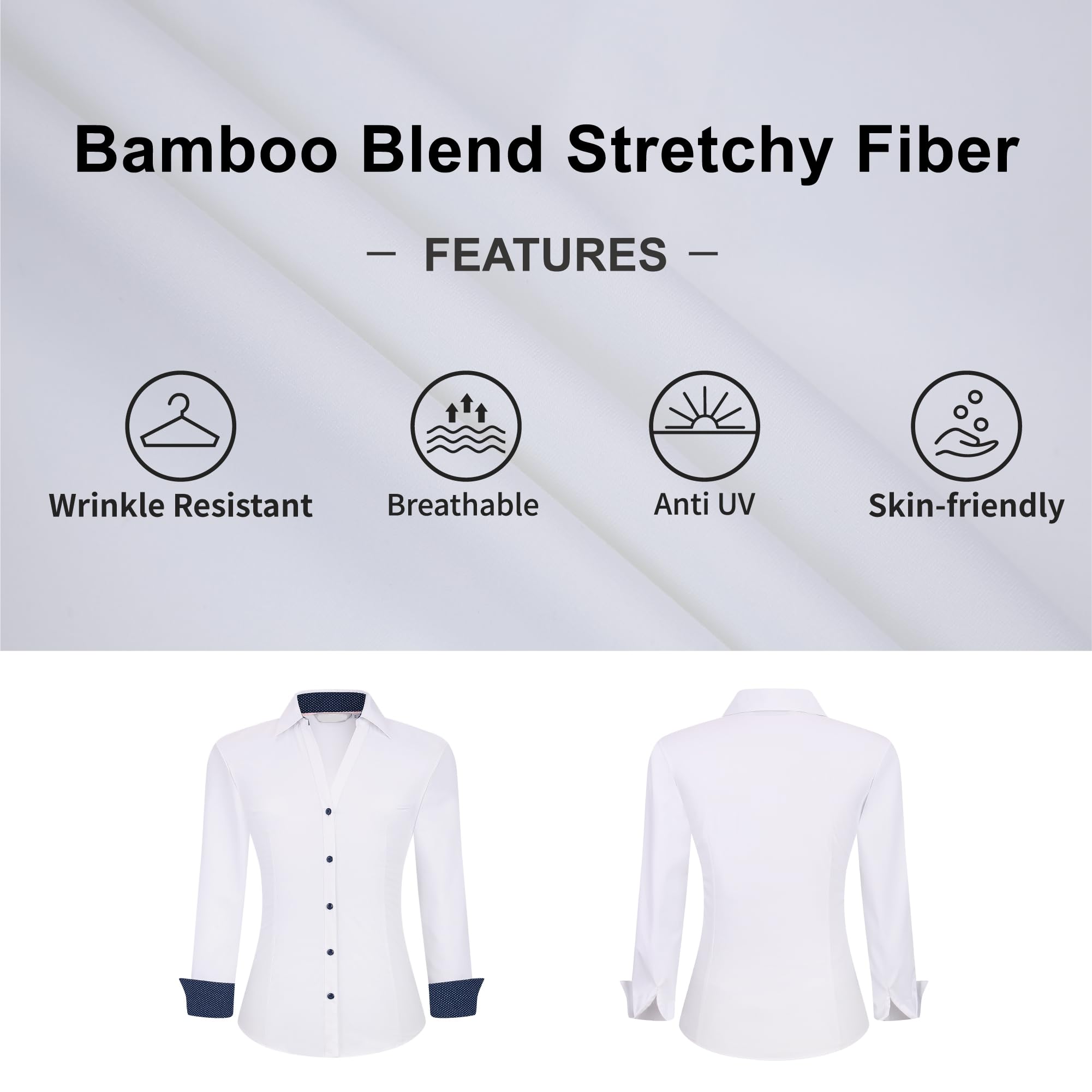 WARHORSEE Womens Button Down Shirt Long Sleeve Work Dress Shirts, V Neck Easy Care Stretchy Business Casual Blouses for Women(Navy,XXL)