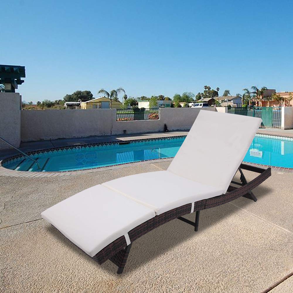 SSLine Outdoor Patio Chaise Lounge S-Shape Poolside Reclining Lounge Chair with Cushions and Adjustable Backrest Folding Portable Brown PE Wicker Chaise Lounger Sunbed for Pool Deck
