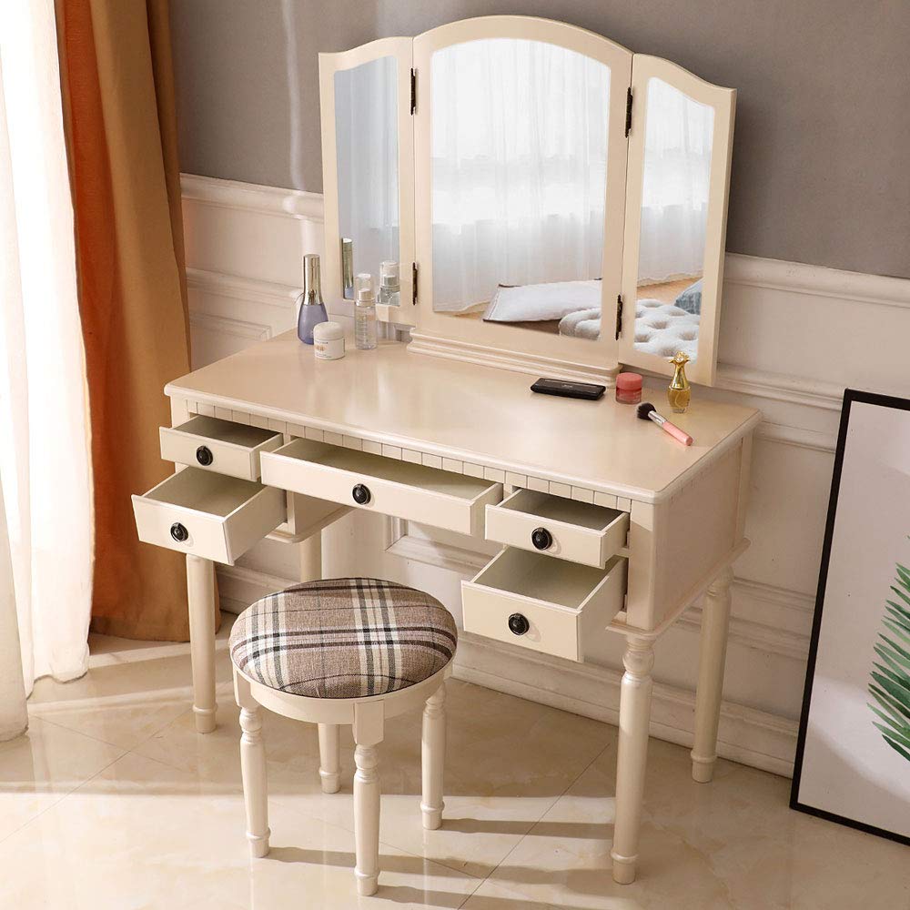 SSLine Vanity Wooden Makeup Table and Chair Set Bedroom Cosmetic Dressing Table Tri-Folding Mirror 5-Drawer Vanity Desk Cushioned Stool Adult Size - Light Pink