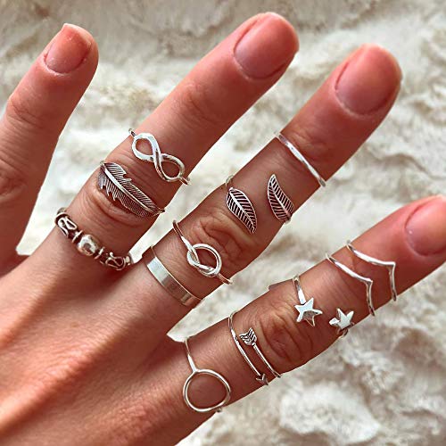 Xerling 12Pcs Women Vintage Silver Ring Set Wave Star Feather Bowknot Knuckle Ring Set Aesthetic Stacking Rings for Women and Girls Teens