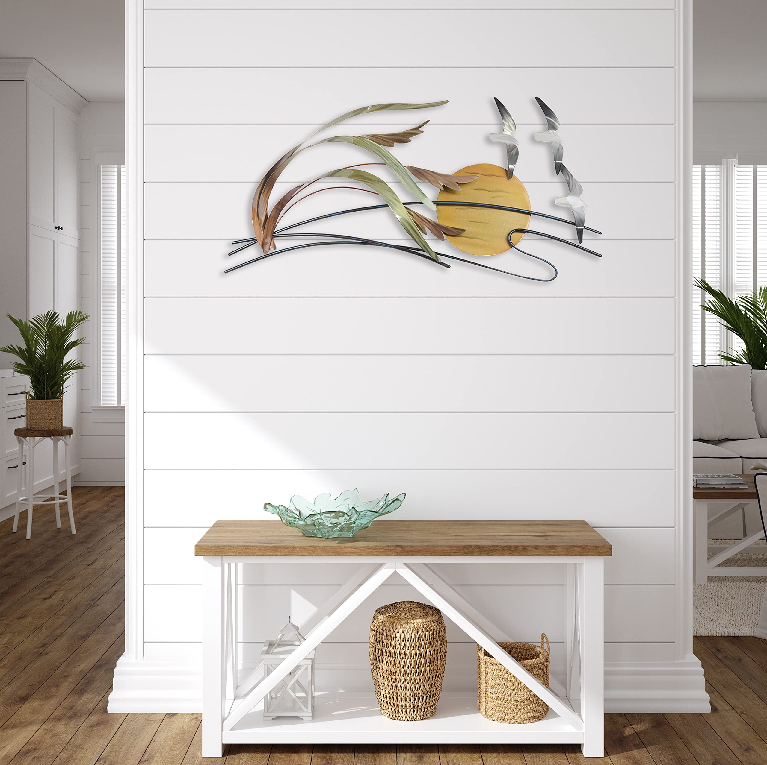 T.I. Design Seagulls and Sea Oats with Sun | Contemporary Coastal Beach Handmade Stainless Steel Metal Wall Decor