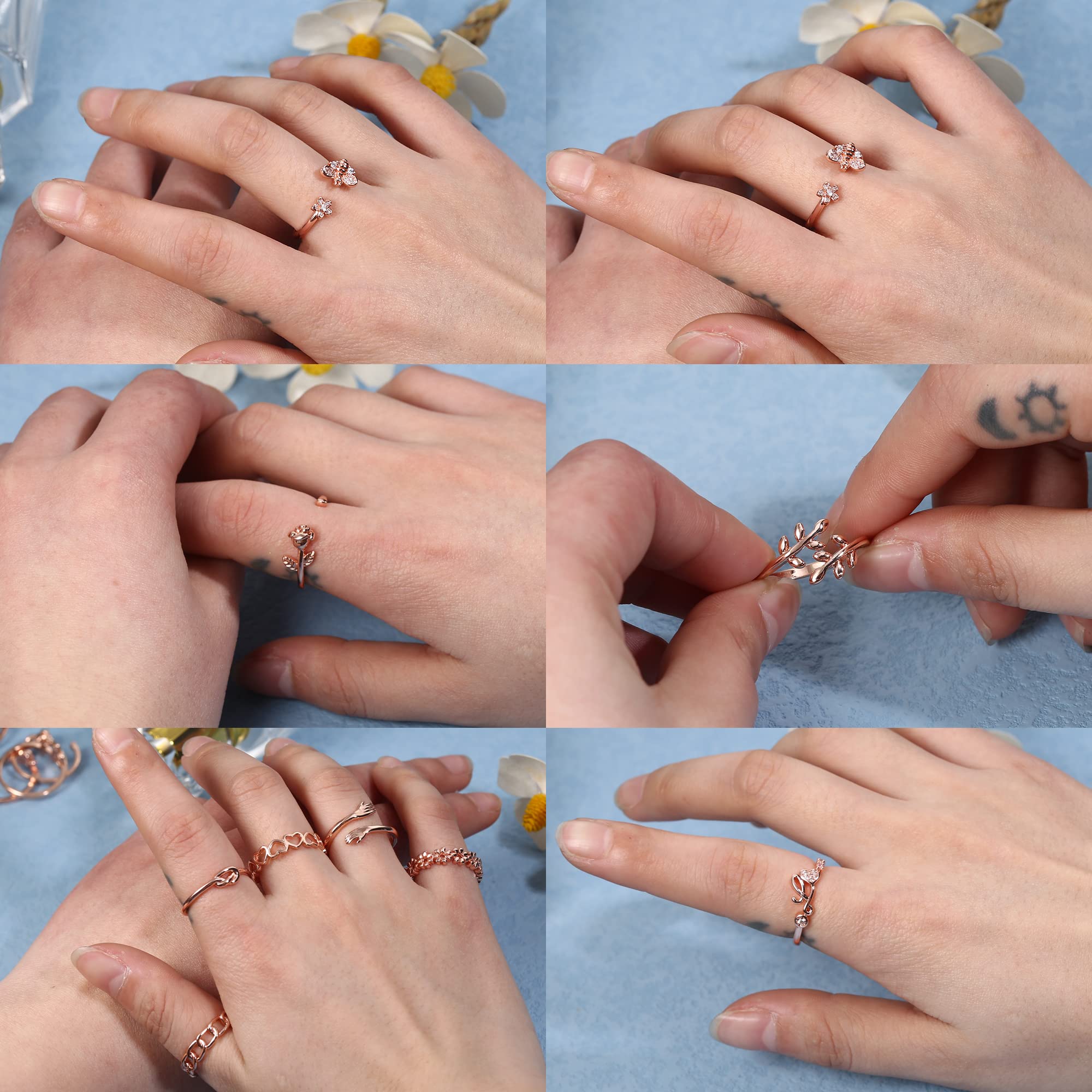 YADOCA 12PCS Adjustable Toe Rings for Women Stackable Knuckle Thumb Rings Set Open Arrow Knot Flower Bee Stacking Tail Pinky Band Rings Pack Summer Beach Foot Jewelry Rose Gold