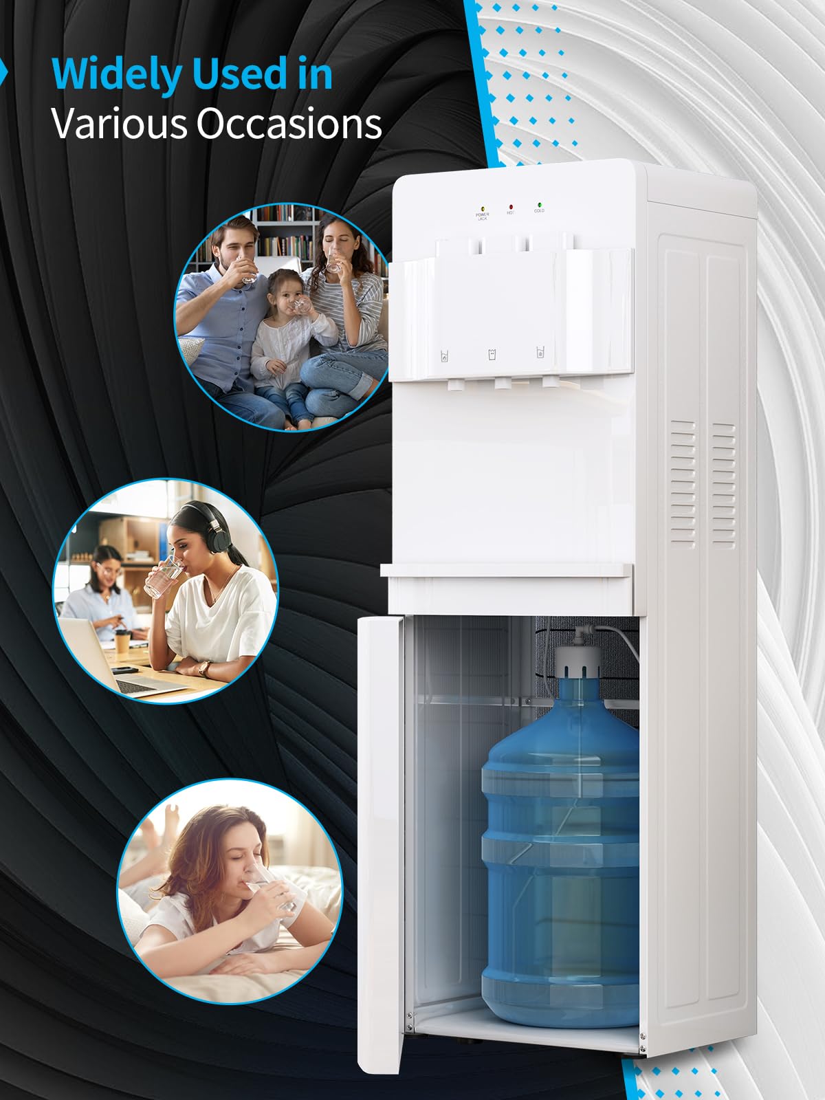 Tabu Bottom Loading Water Cooler Dispenser, Hot & Cold Holds 3 or 5 Gallon Bottle, with Anti-Scalding Design, Storage Cabinet and Child Safety Lock for Home, Office Use (White)