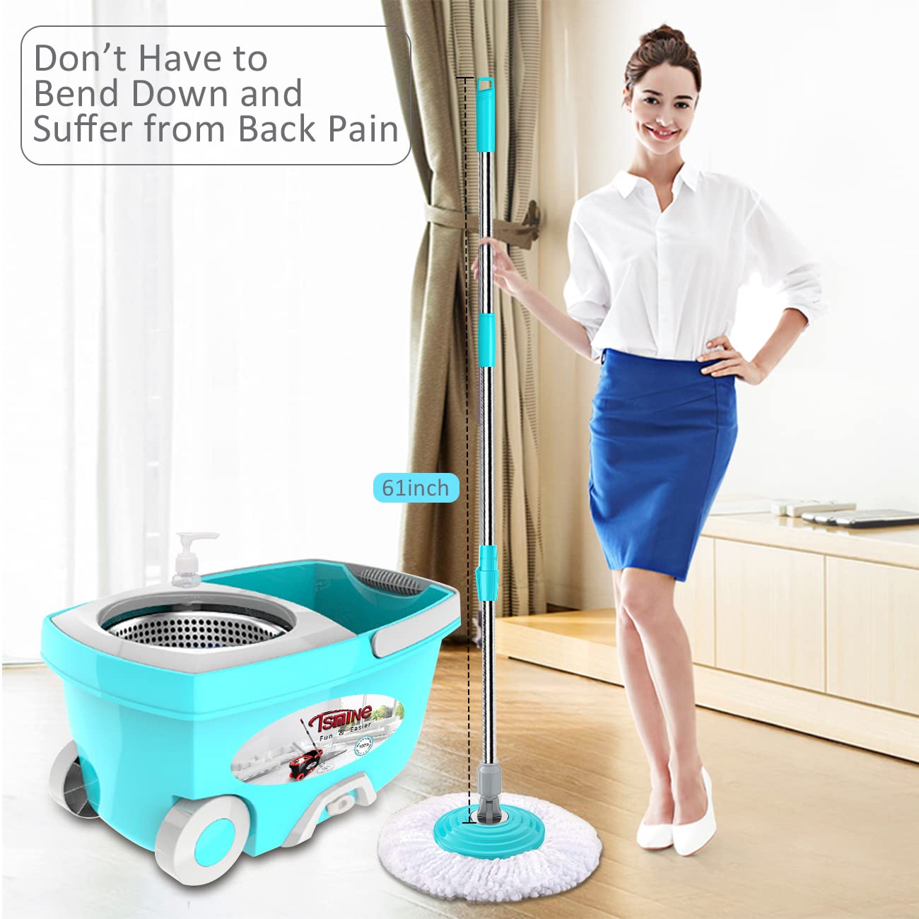 Tsmine Spin Mop Bucket System Stainless Steel Deluxe 360 Spinning Mop Bucket Floor Cleaning System with 6 Microfiber Replacement Head Refills,61" Extended Handle, 2X Wheel for Home Cleaning - MINT