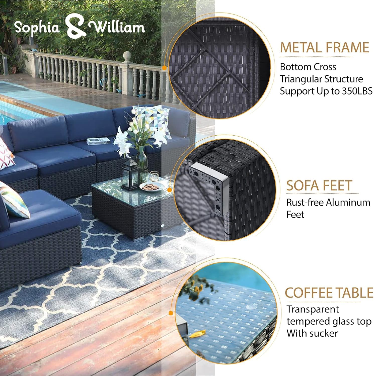 Sophia & William Patio Furniture Set with Fire Pit Table,15 Piece Outdoor Wicker Conversation Set with 56-Inch Fire Pit, Rattan Sectional Sofa, Navy Blue