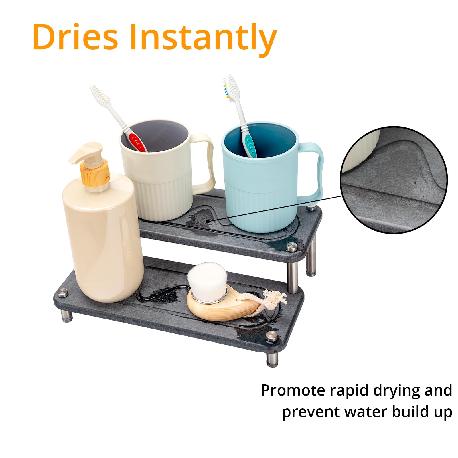 UHSSJUGA Bathroom Sink Drying Stone Caddy,Fast Drying Stone Sink Tray,Water Absorbing Stone Tray for Sink,Instant Dry Kitchen Sink Organizer,Counter Soap Sponge Holder (2 Tier,Grey)