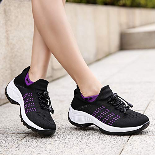 Womens Walking Shoes Sock Sneakers Slip on Arch Support Mesh Breathable Lightweight Running Tennis Shoes Casual Platform Loafers Black Purple Size 6